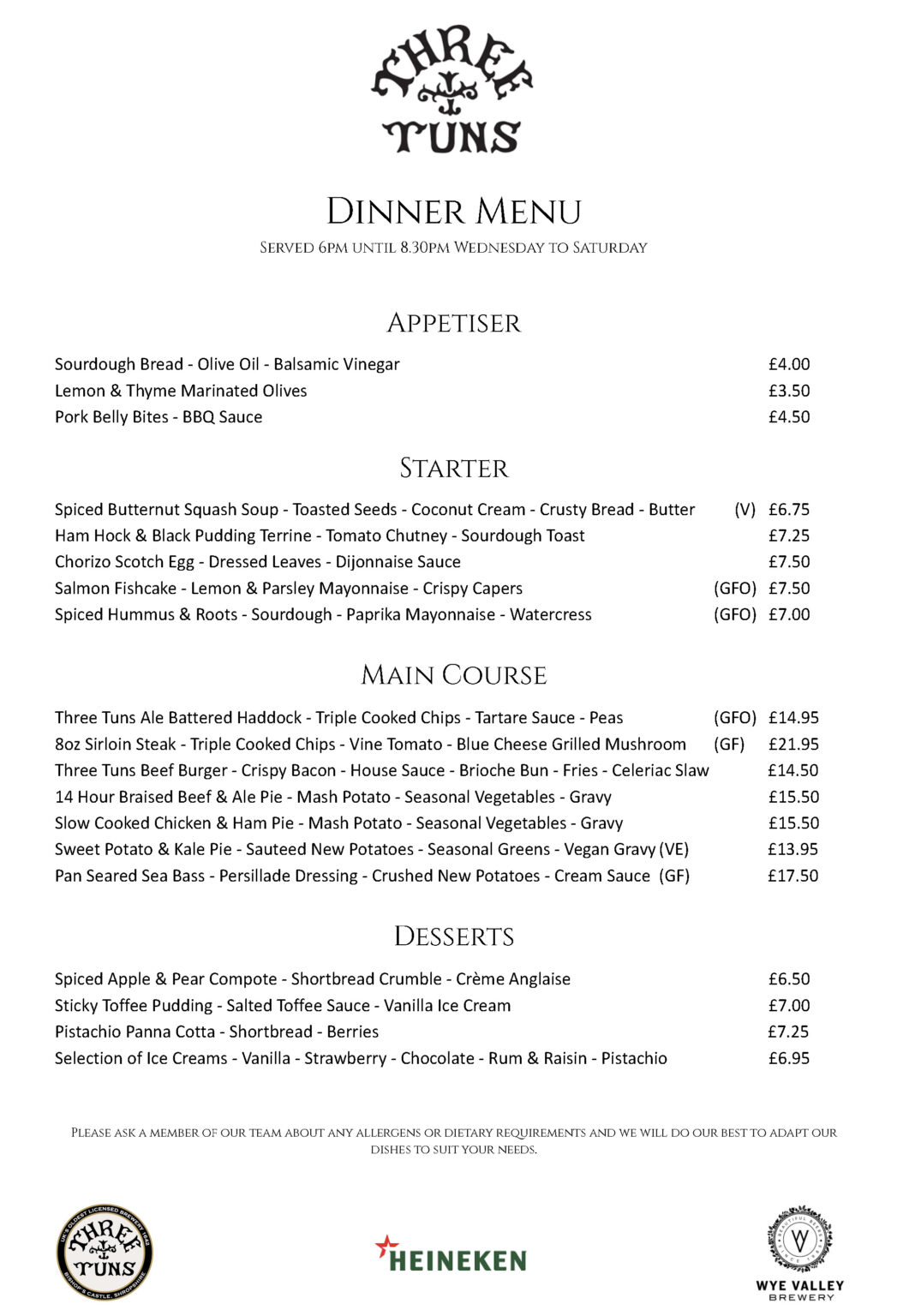 Menus – the three turns inn