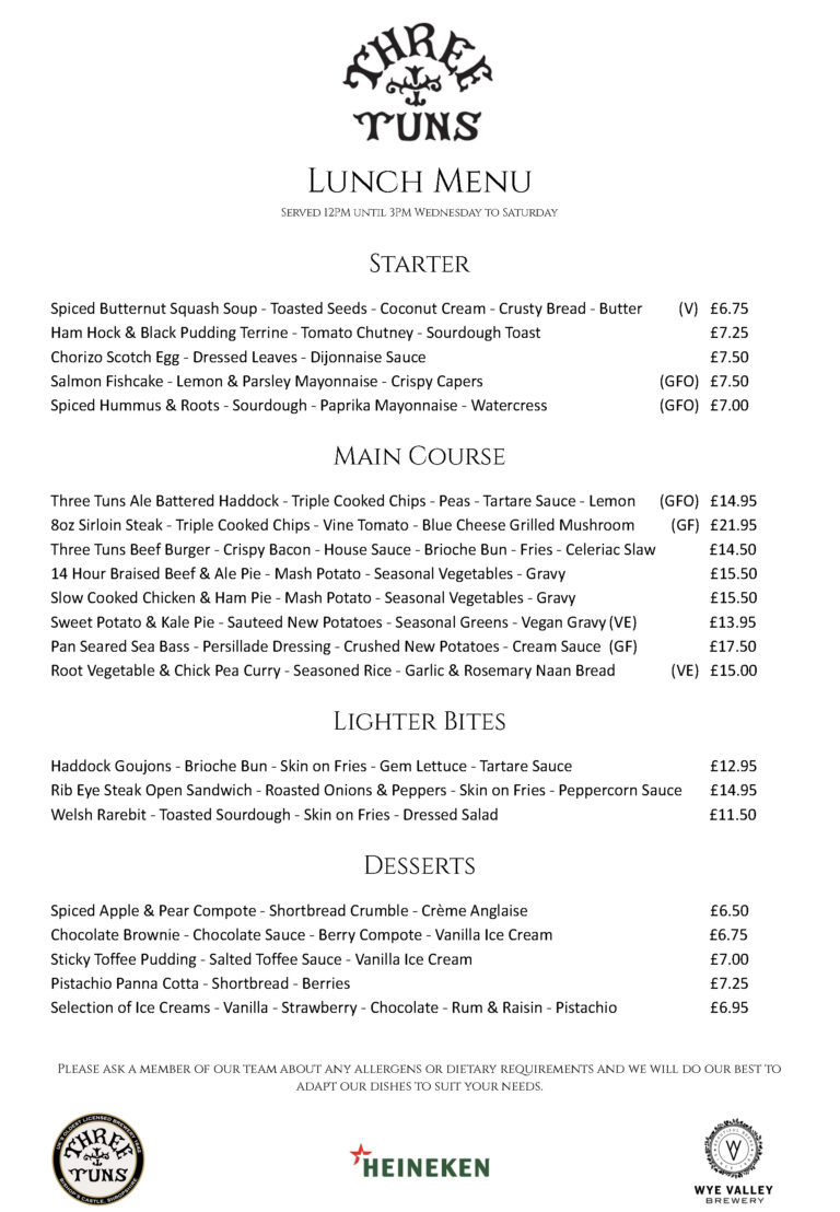 Menus – the three turns inn